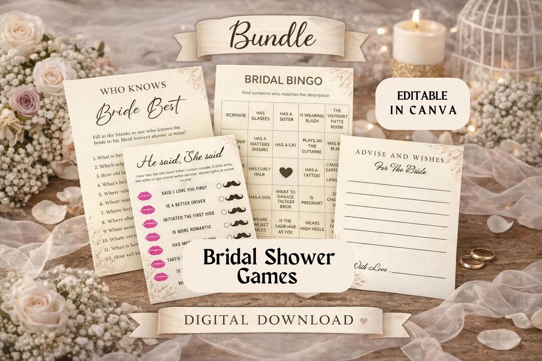 Bridal Shower Games Bundle Printable Editable Canva PDF Instant ...