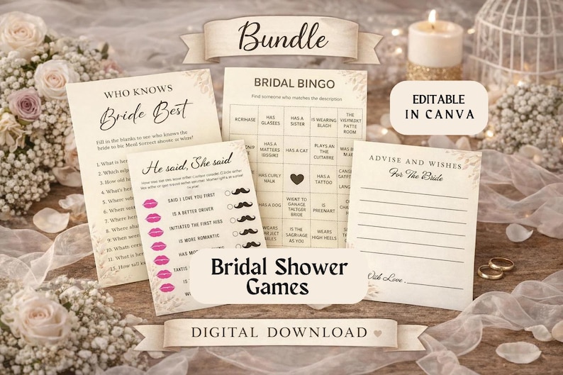 Bridal Shower Games Bundle Printable Editable Canva PDF Instant ...