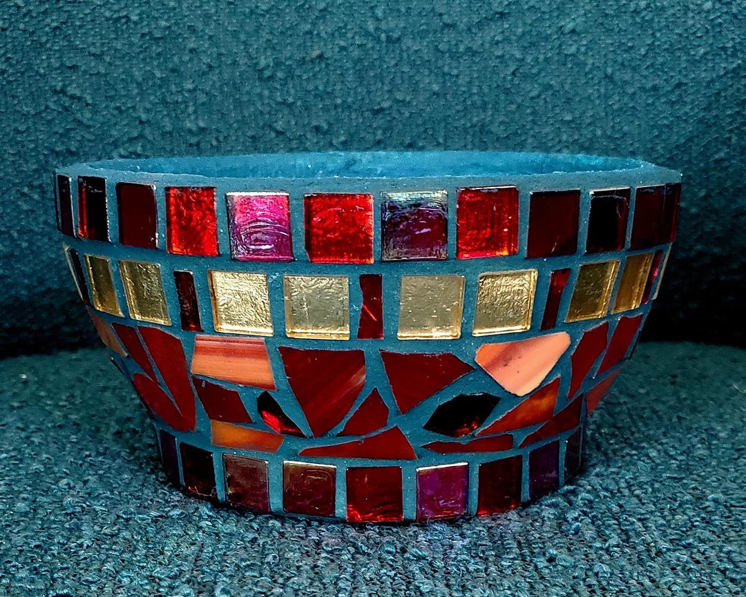 MOSAIC FLOWER POT- Deep Red Gold Garden Container Low Profile - Etsy