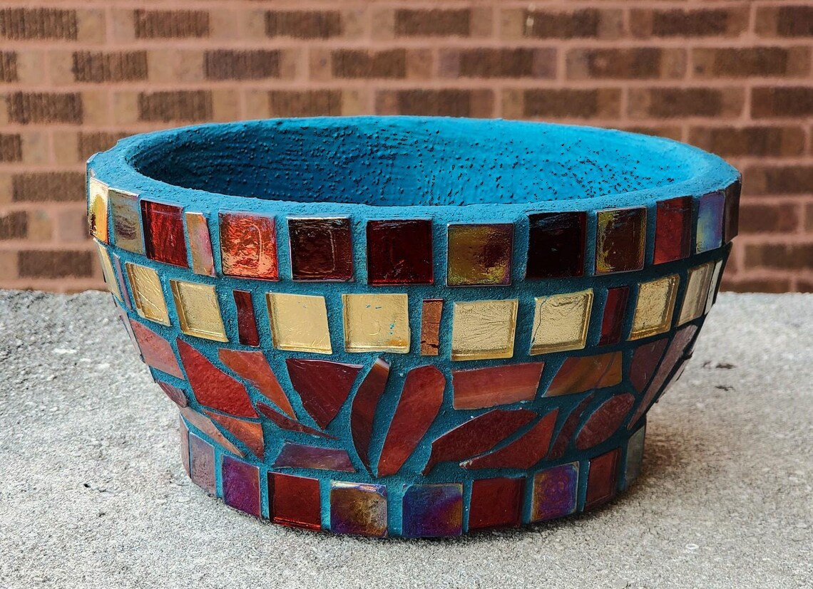 MOSAIC FLOWER POT- Deep Red Gold Garden Container Low Profile - Etsy