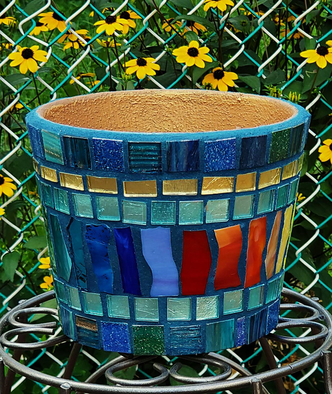 MOSAIC FLOWER POT Rainbow Colors Multi Colored Garden Home Decor Herb ...