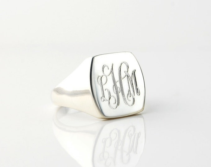 Custom Engraved Sterling Silver Monogram Cushion Cut Signet Ring for ...
