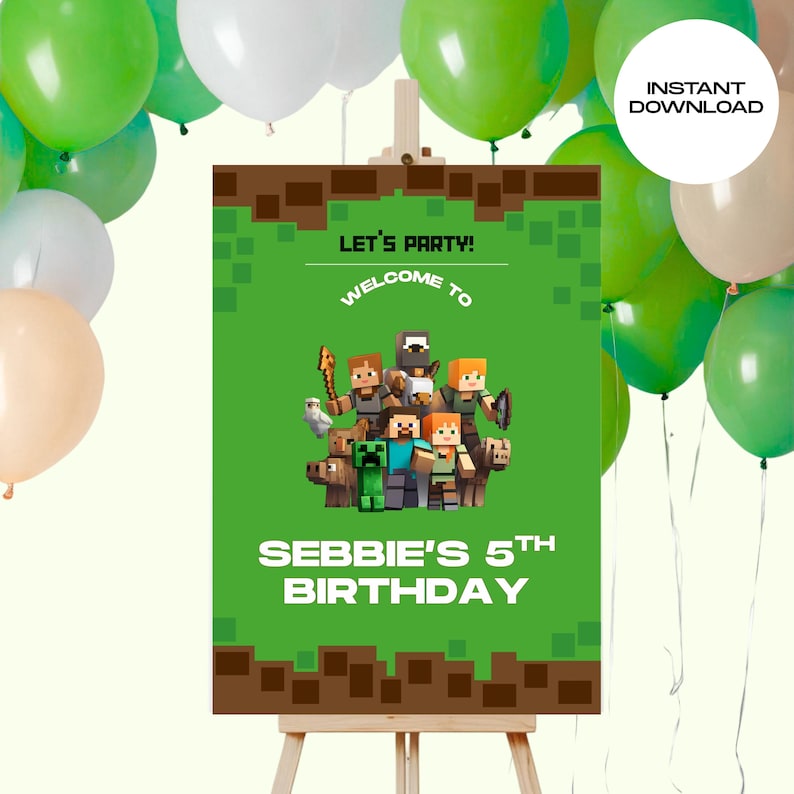 Minecraft Inspired Boys Party Welcome Sign | Editable Canva Template ...