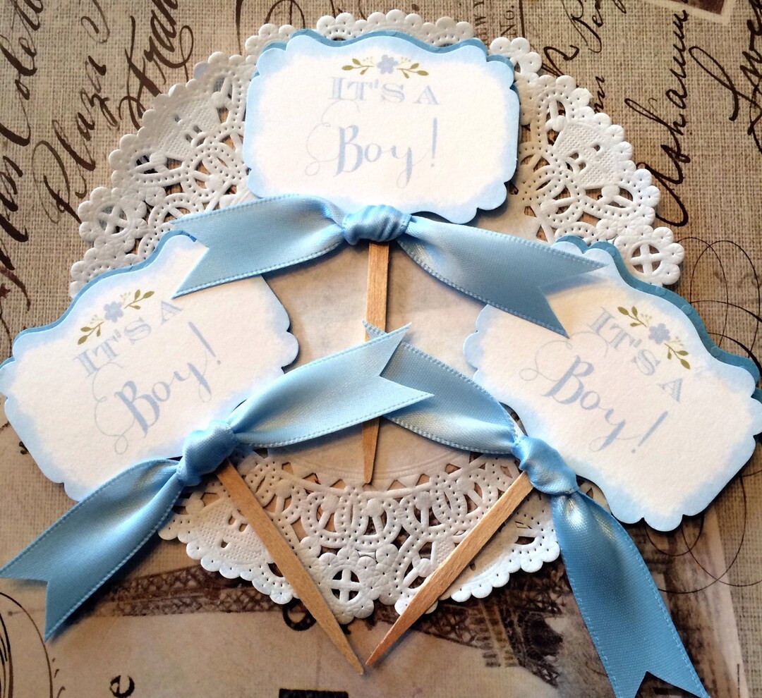 It's a Boy Cupcake Toppers With Ribbon, Baby Shower, Party Picks ...