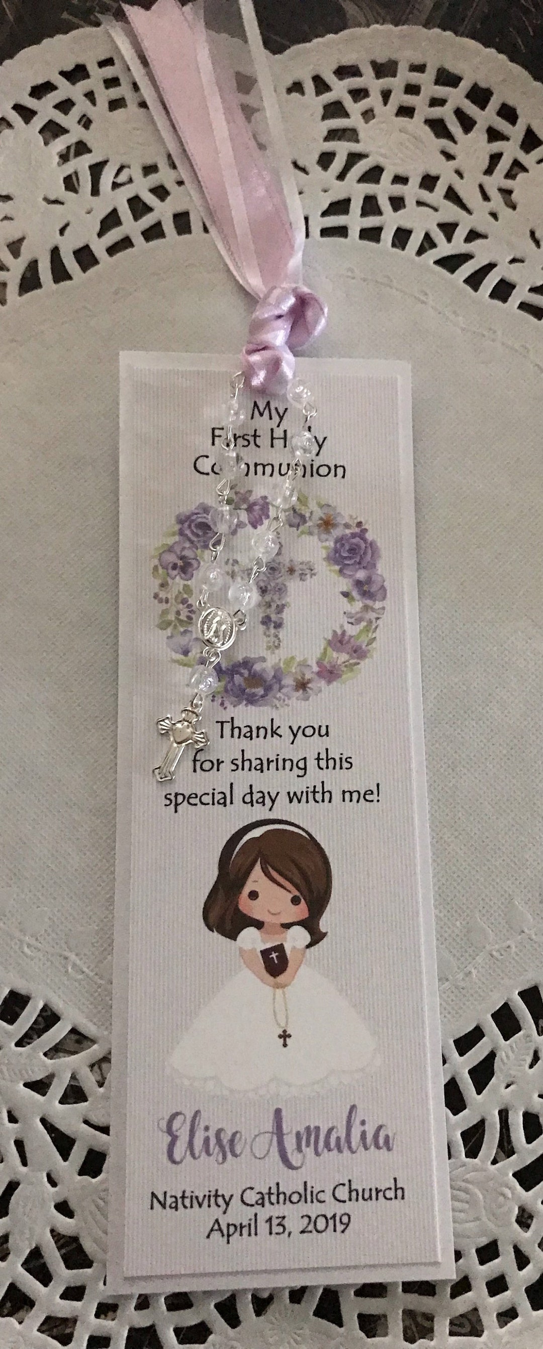 Girl's Lavender First Communion Favor, Baptism, Bookmark, Remembrance ...