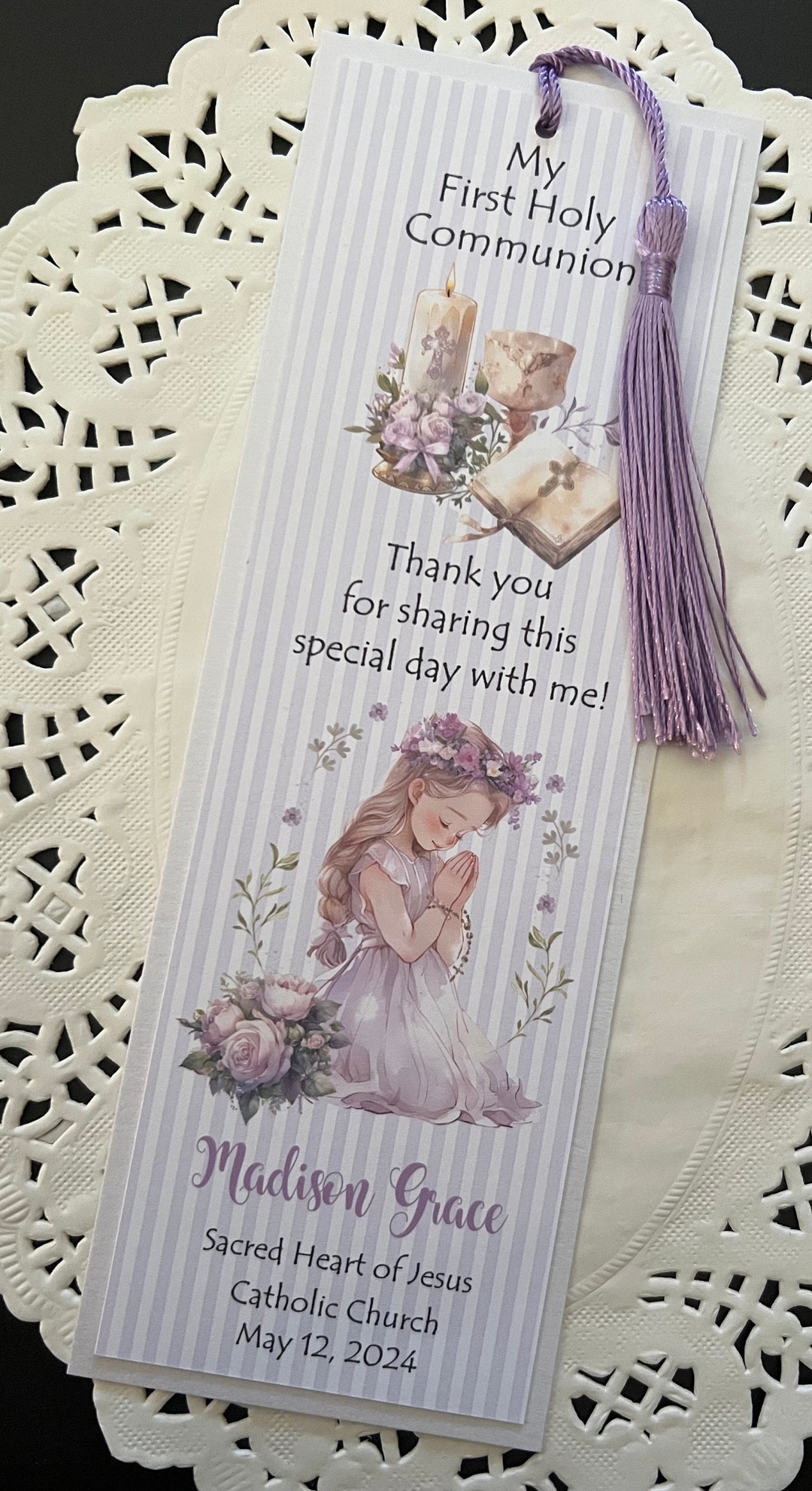 Girl's First Communion Favor, Baptism, Bookmark, Remembrance Card With ...
