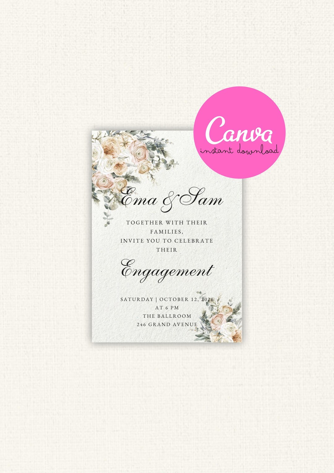 Floral Engagement Party Invitation, Editable Canva Template, Printable ...