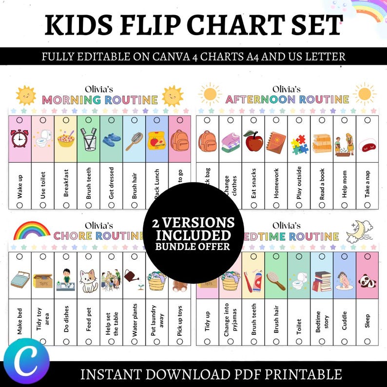 Kids Flip Routine Chart Printable – Morning & Bedtime Visual Schedule ...