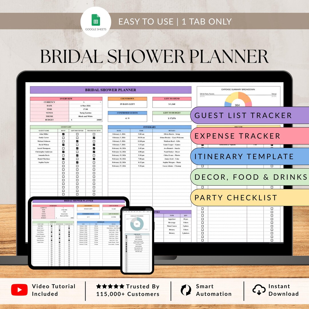 Bridal Shower Planner Template Google Sheets Editable, Maid of Honor ...