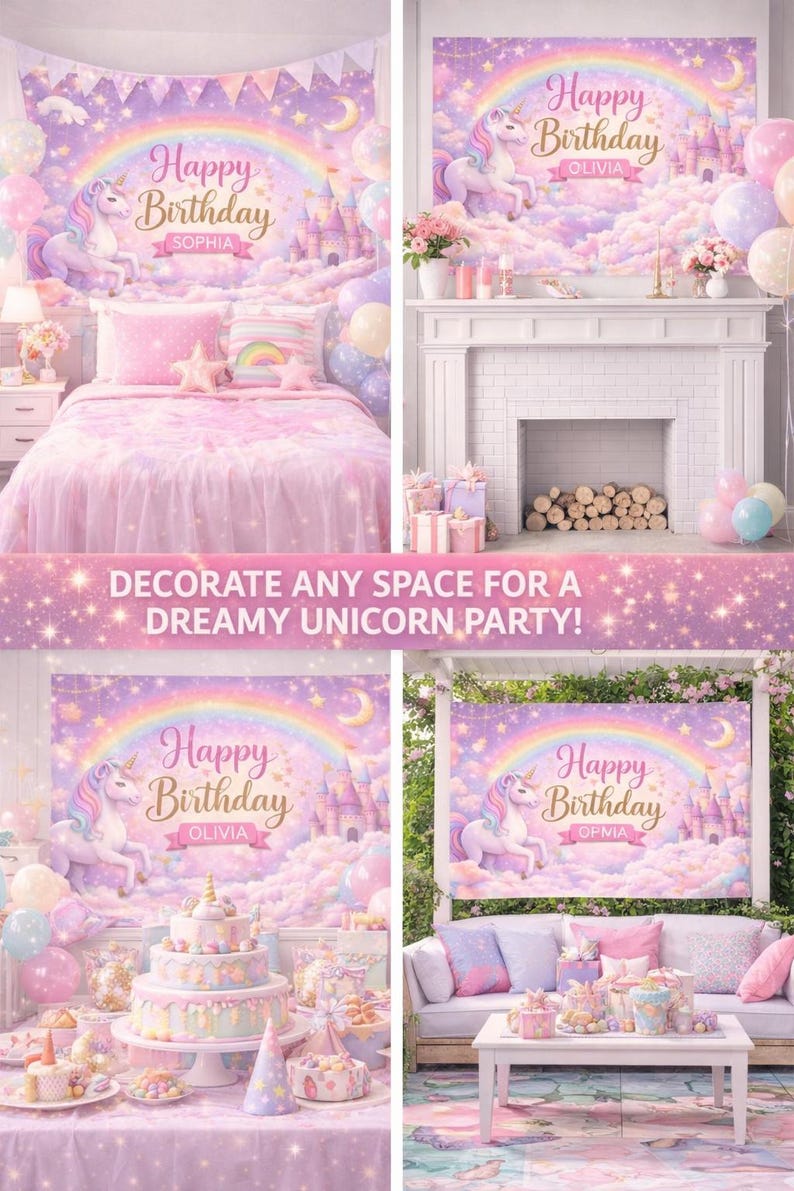 Unicorn Birthday Backdrop, Pastel Rainbow Castle Party Decor (digital ...