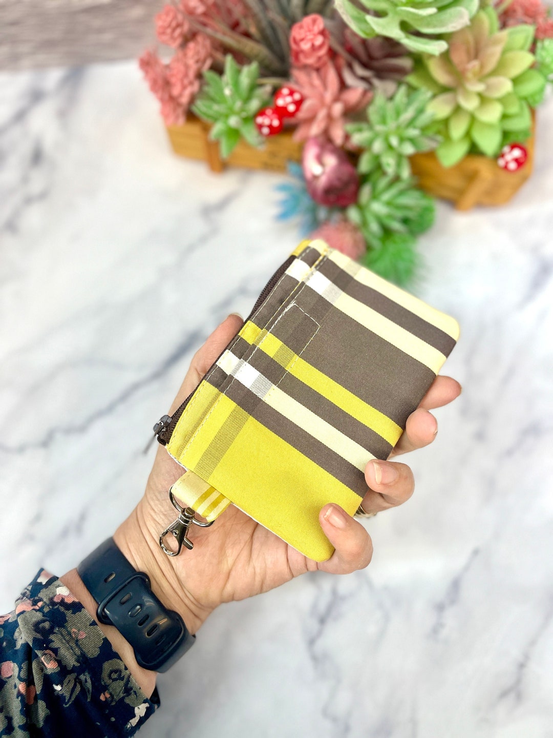 Yellow Plaid ID Holder Grab and Go Wallet Gifts for Her Zippered Pouch ...
