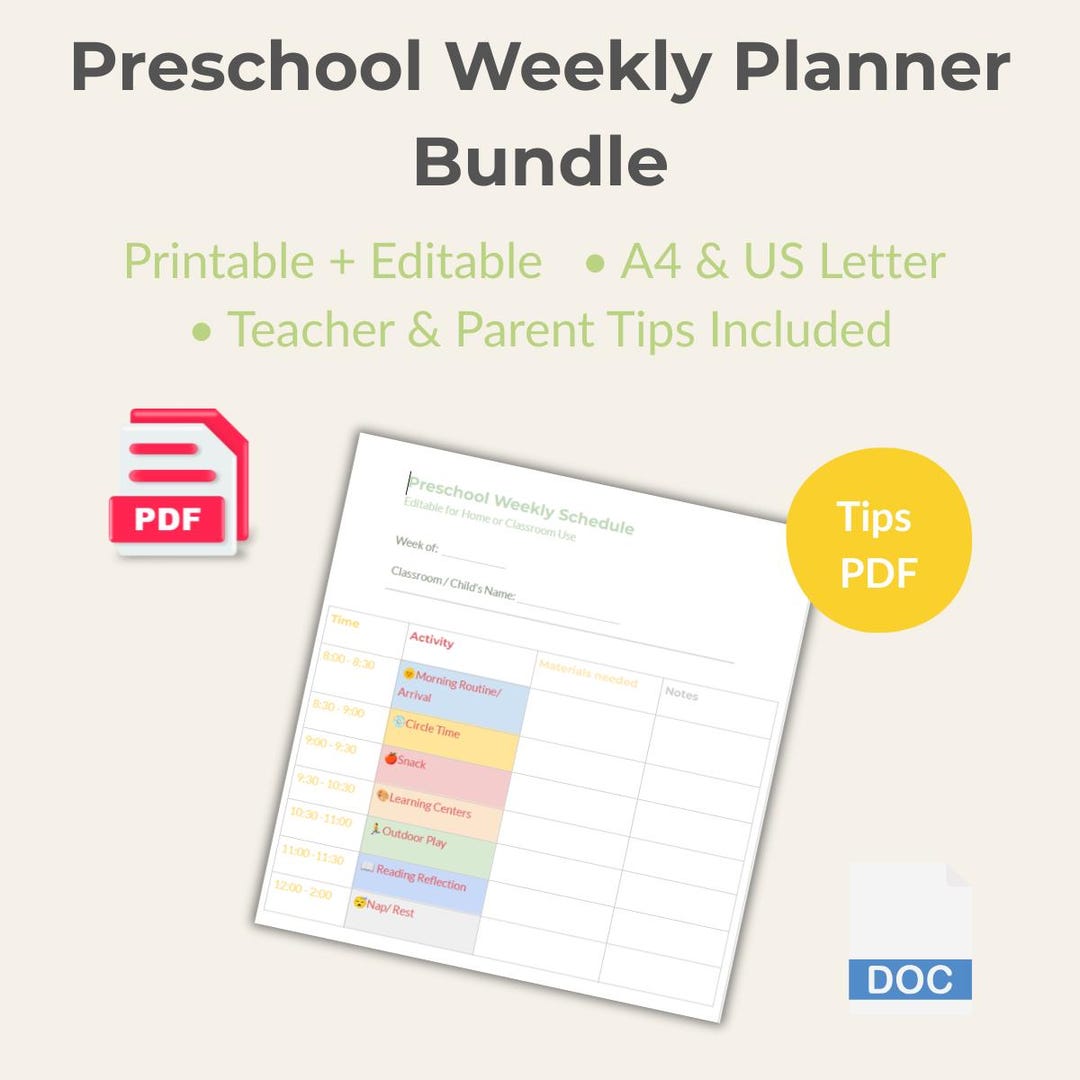 Preschool Weekly Lesson Plan Template | Daily Schedule Planner for ...