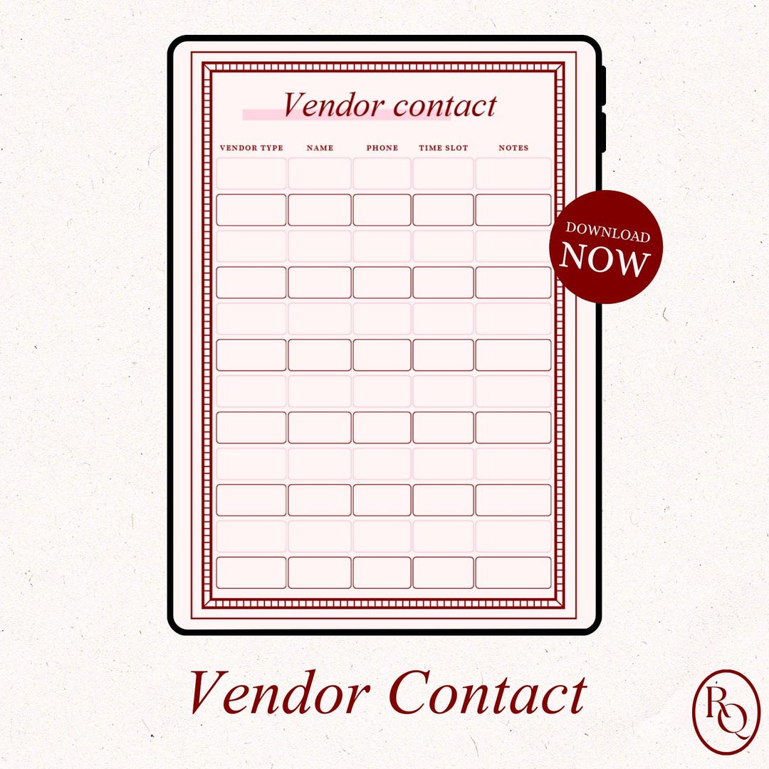 Event Vendor Contact List Printable Vendor Organizer Sheet Supplier ...