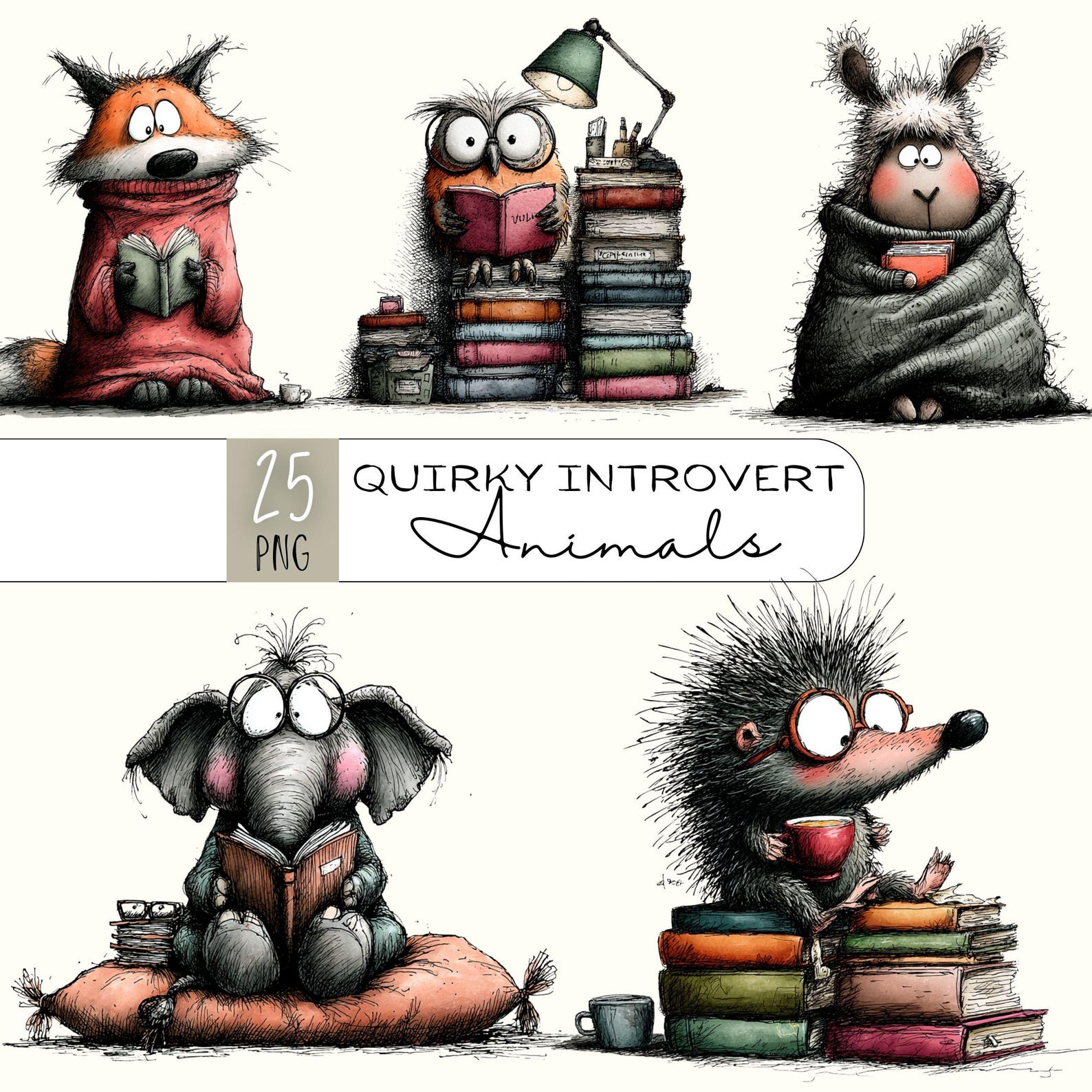 Quirky Introvert Animals Png Clipart, Cute Reading Animal, Stack of ...