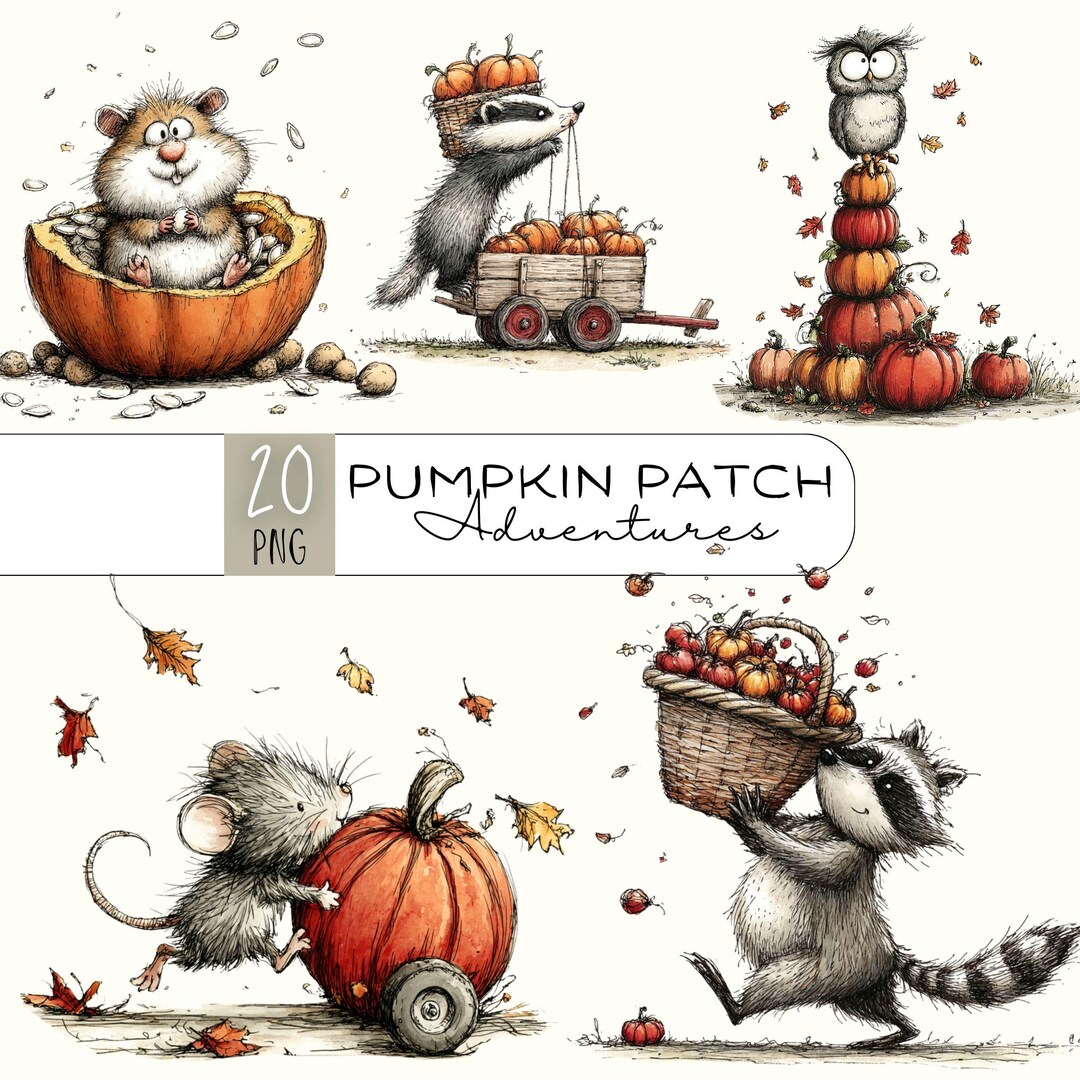 Pumpkin Patch Animals Clipart, Cute Autumn Harvest PNG, Fun Autumn ...