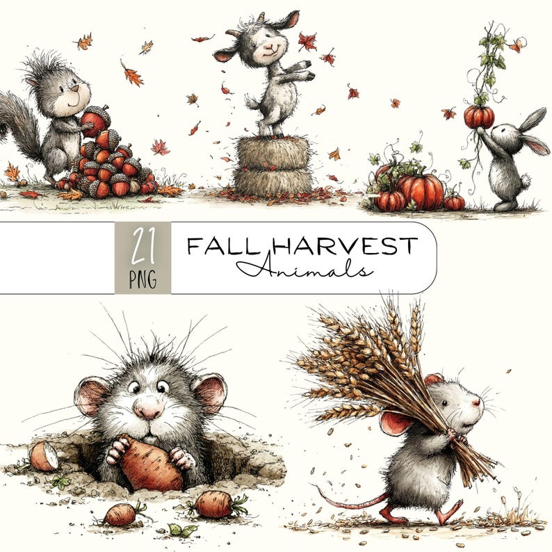 21 PNG Fall Harvest Animals Clipart Bundle, Cute Woodland Autumn PNG ...