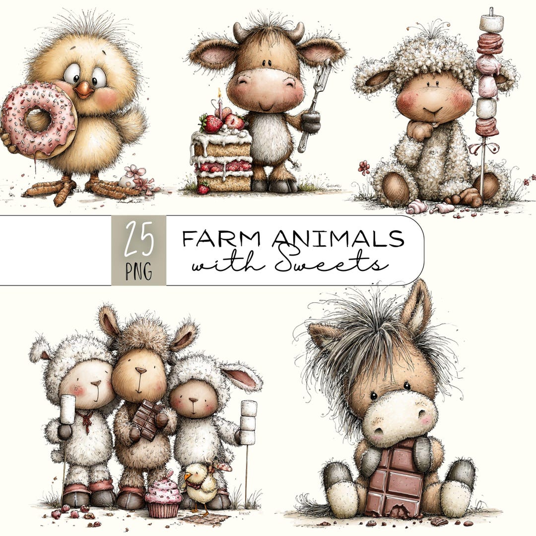 Farm Animals Sweets Clipart Bundle, Cute Dessert Farm, Quirky Baking ...