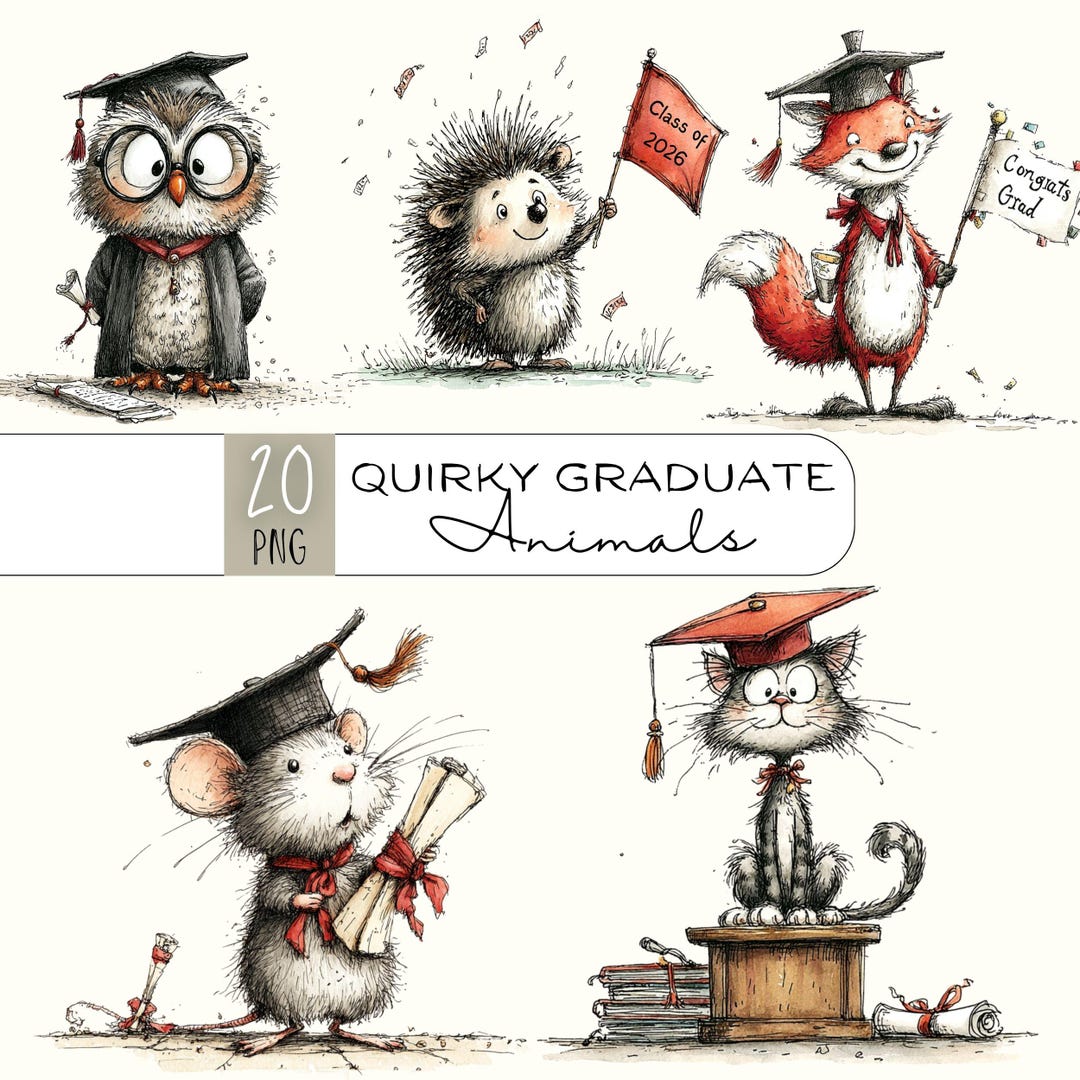 Graduation Animal Clipart Bundle, Quirky Cute Graduate Animals PNG ...