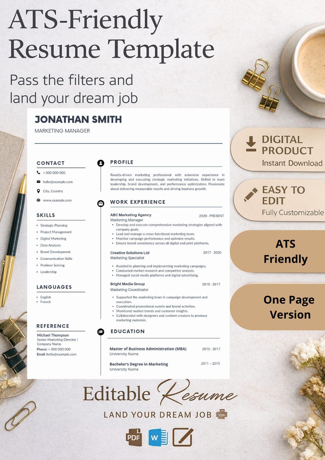 ATS Friendly Resume Templates (5 Pack) | Professional CV | Editable in ...