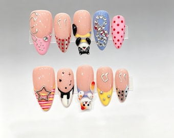 Pink Polka Dot Almond Press on Nails | Handmade Acrylic Gel Fake Nails ...
