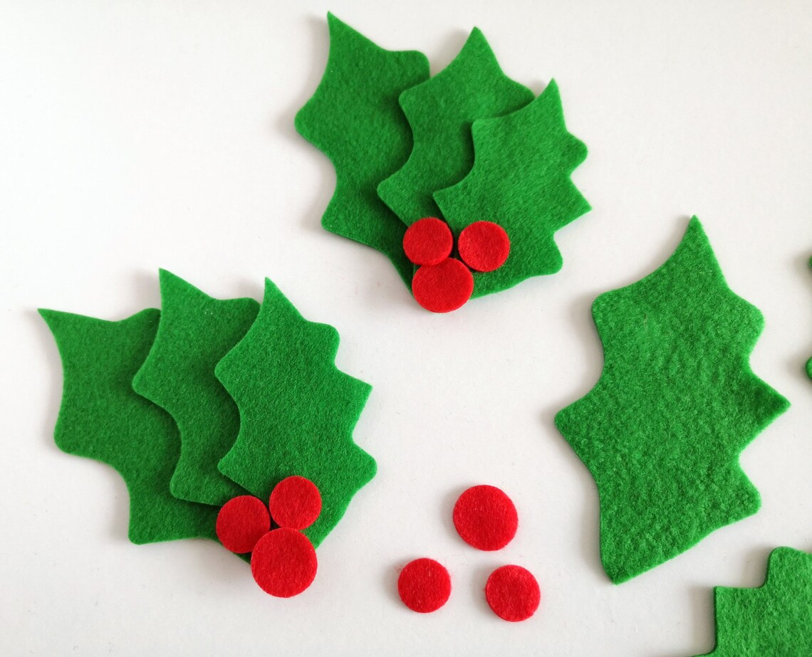Felt Holly Leaves Green Leaves With Red Berries Christmas - Etsy