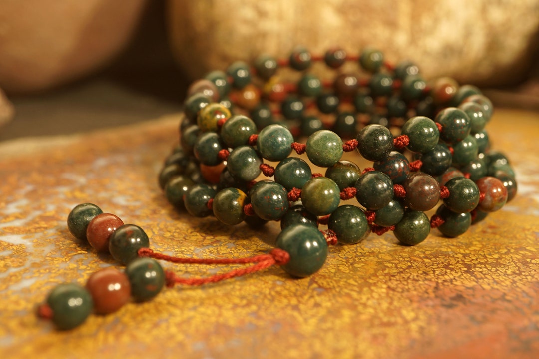 Bloodstone Hand-knotted Mala • Green Mala Necklace • Bloodstone Mala ...