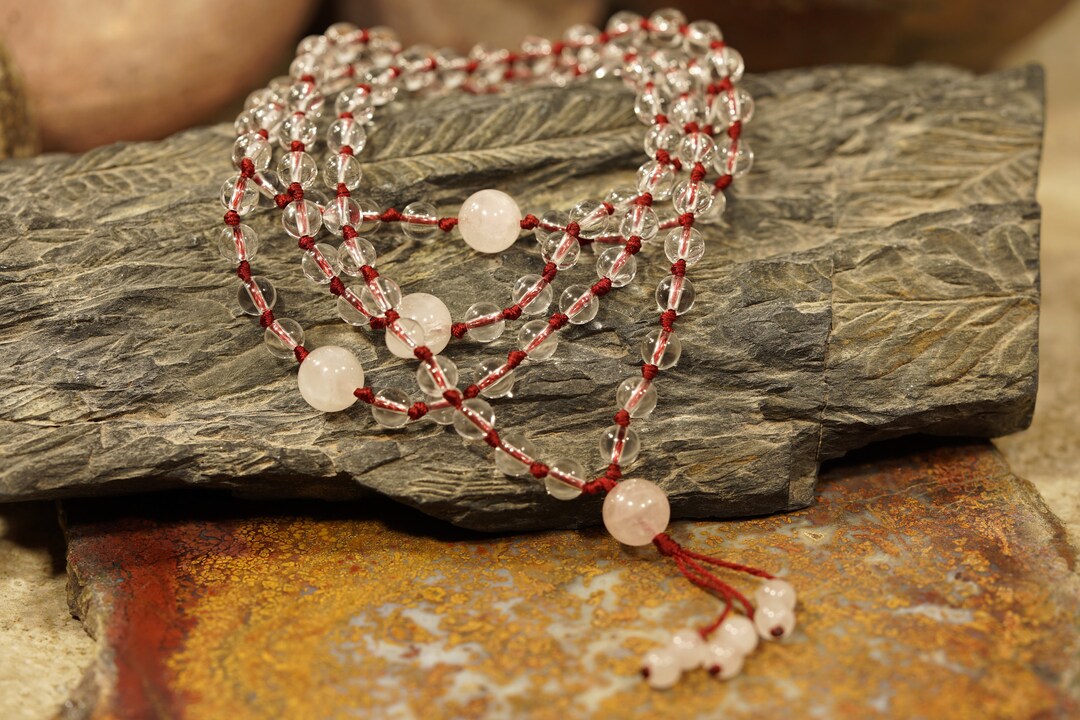 Quartz (AAA) Crystal Sphatik Mala Round Plain Cut 6-mm (108+1 + 3-rose ...