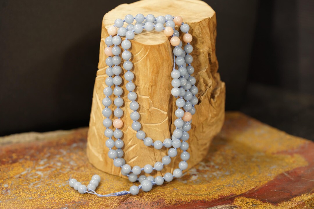 Angelite and Pink Opal Mala Angelite Mala Necklace 6mm 8mm Hand Knotted ...