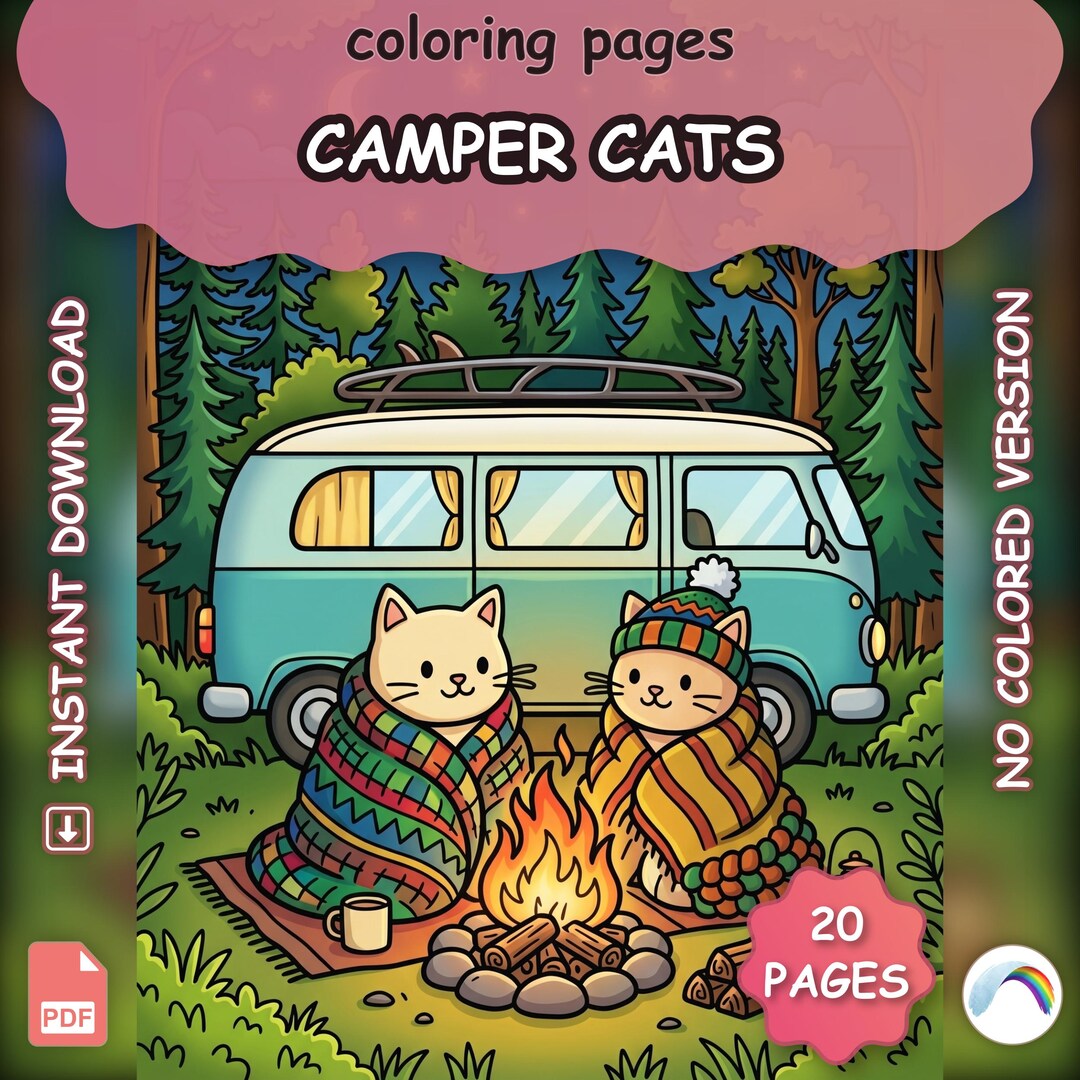 Van Life Cat Coloring Pages, Cozy Camper Road Trip Art, Nomadic Feline ...