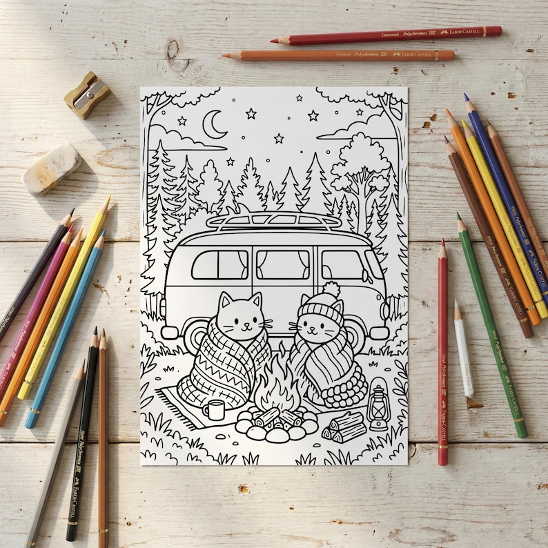 Van Life Cat Coloring Pages, Cozy Camper Road Trip Art, Nomadic Feline ...