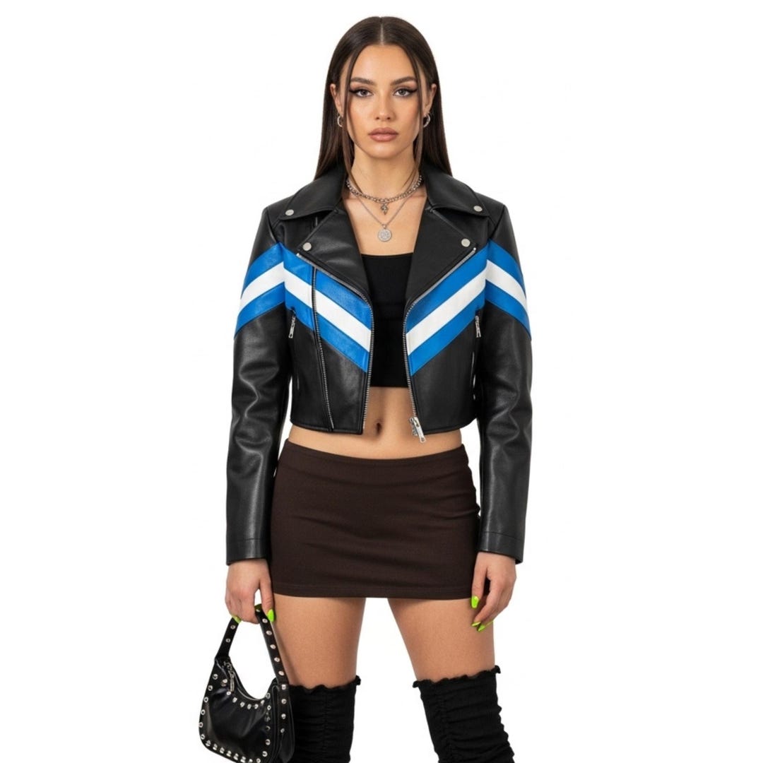 Cropped Color Block Leather Biker Jacket Women – Genuine Leather Y2K ...
