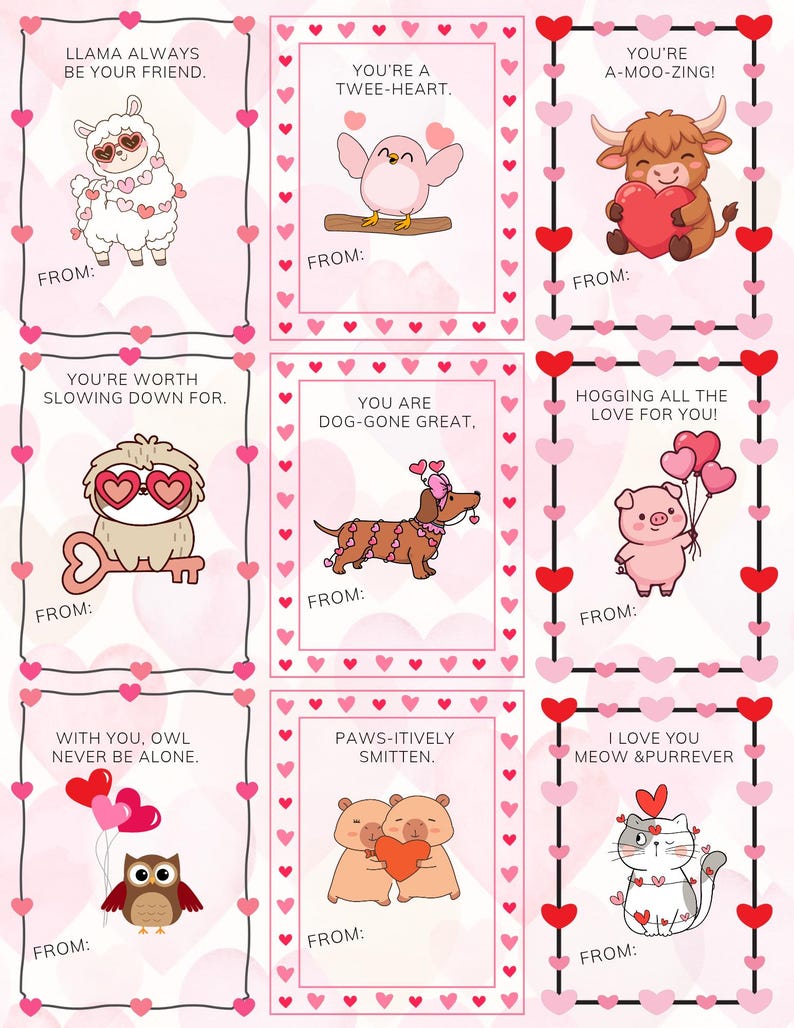 Cute Animal Pun Valentine's Day Cards for Kids - Printable Classroom ...