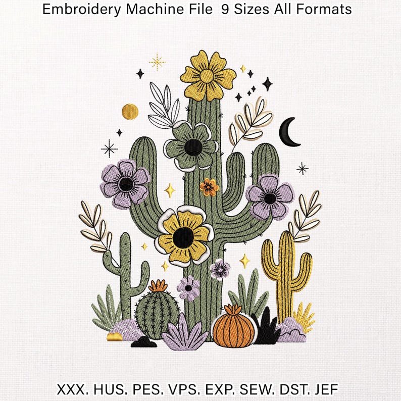 Boho Desert Cactus Embroidery Design, Blooming Floral Succulent Pattern ...