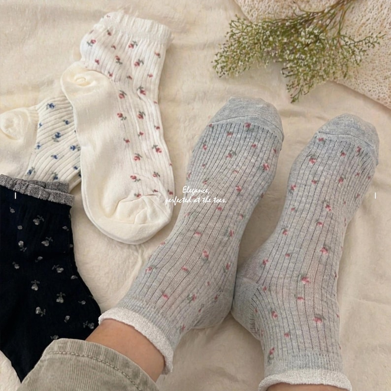 Korean Rose Floral Lace Crew Socks, Cotton Blend, 5 Colors - Etsy UK