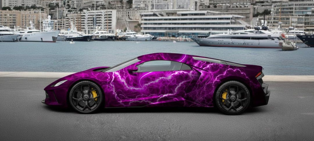 Purple Lightning Car Wrap Design – Neon Electric Vehicle Vinyl Graphic ...