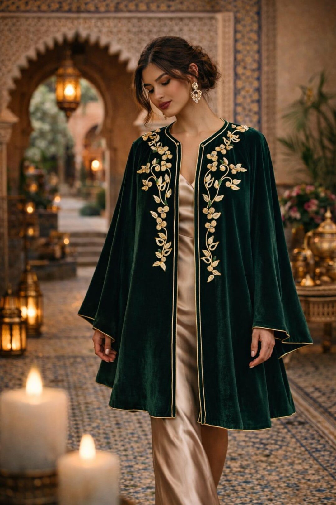 Emerald Green Hand Embroidered Moroccan Velvet Cape – Handmade Luxury ...