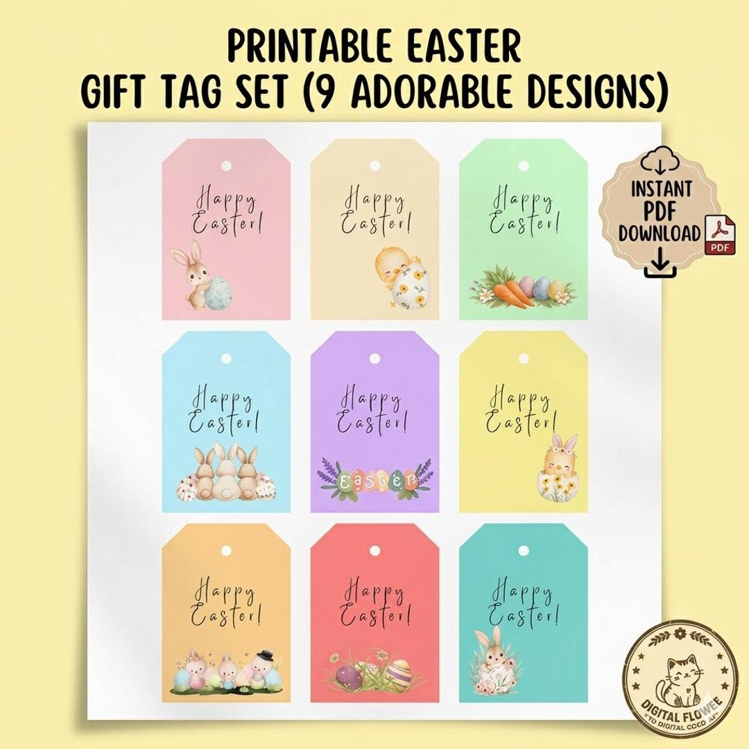 Printable Easter Gift Tags | Set of 9 Watercolor Bunny & Carrot Designs ...