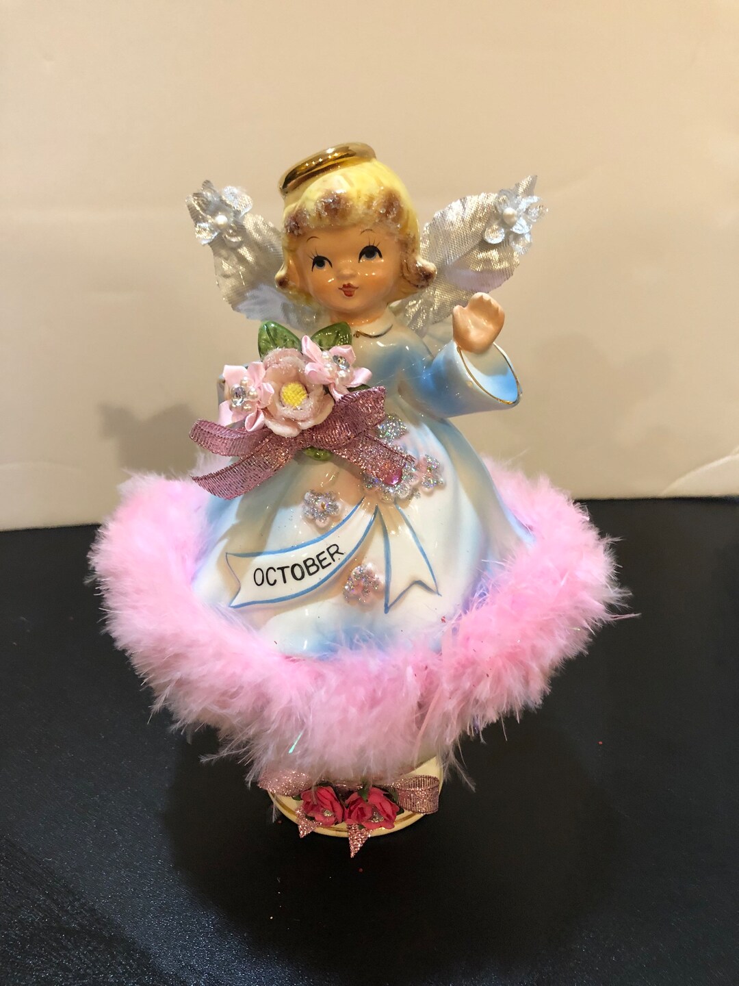 Lefton Angel October Birthday Girl Figurine Assemblage Upcycle Vintage ...
