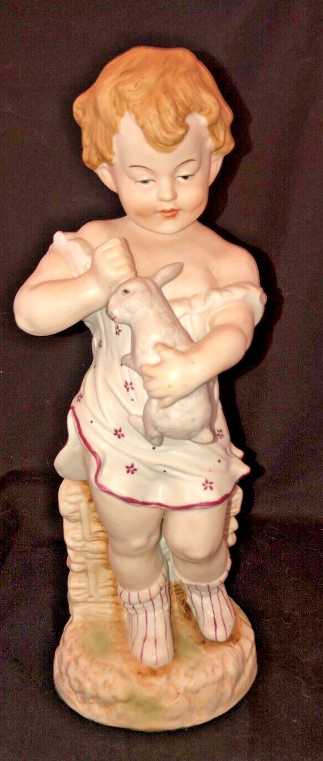 13 Inch Antique German Bisque Boy Child Figurine Holding Bunny Rabbit ...