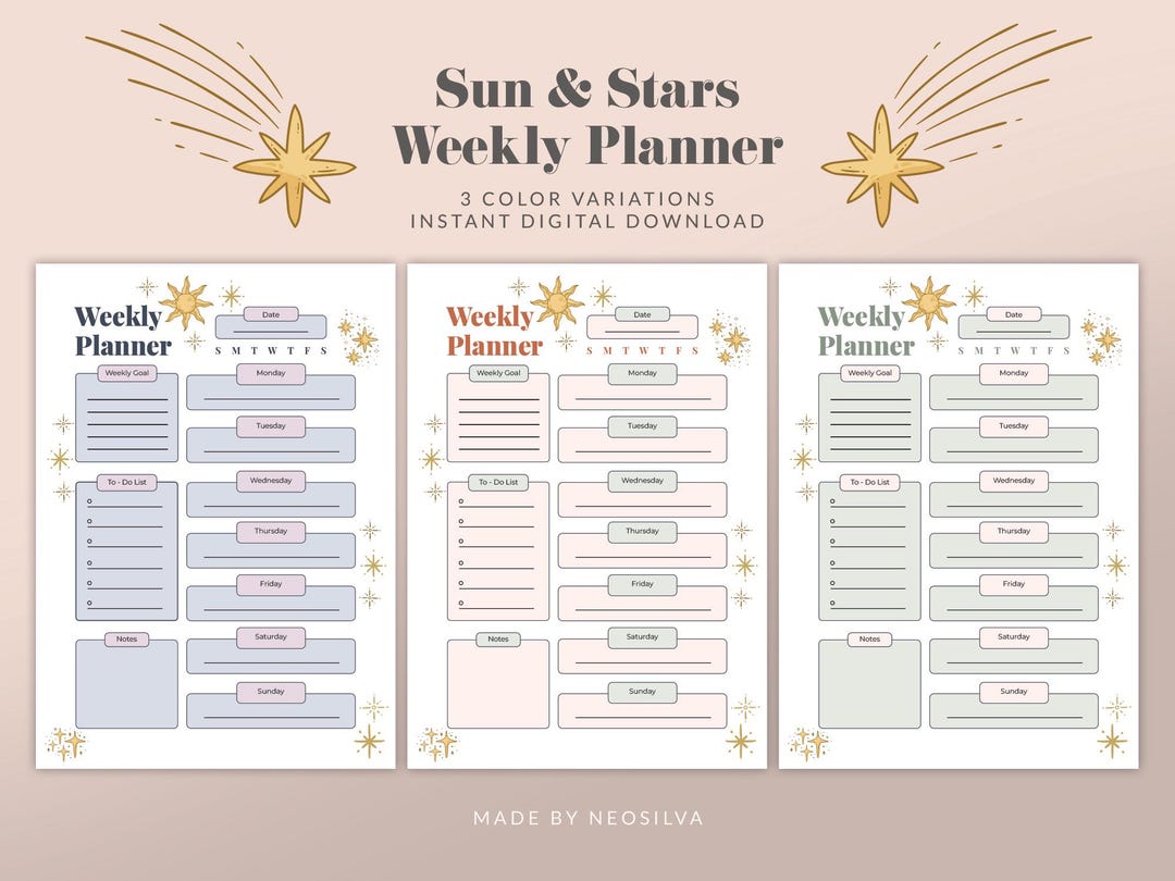 Celestial Weekly Planner Printable | Sun and Stars Digital PDF With ...