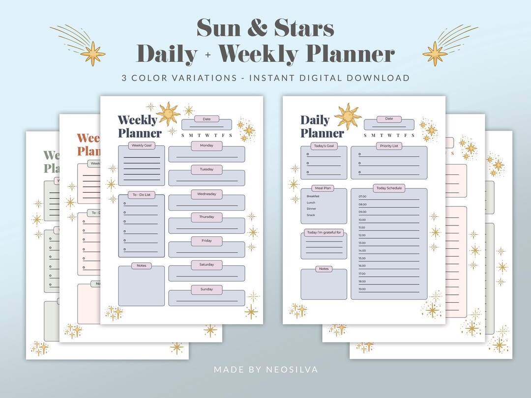 Celestial Daily and Weekly Planner Bundle | Sun and Stars Printable PDF ...