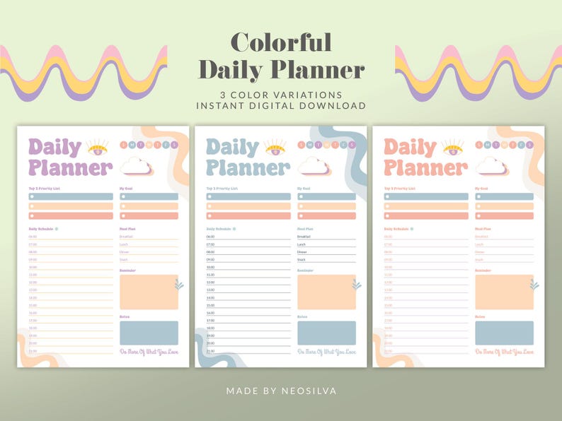 Colorful Daily Planner Printable | 3-color Elegant Digital Planner PDF ...