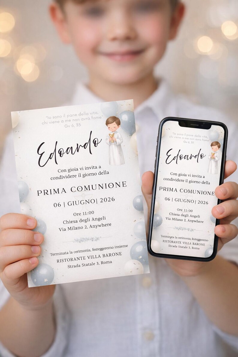 Animated First Communion Invitation Boy Editable Canva Template, Blue ...