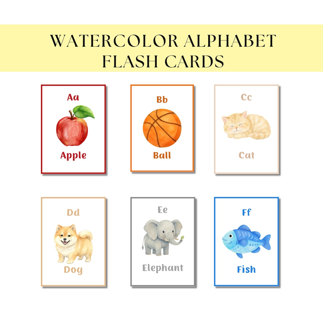 Watercolor Alphabet Flashcards Printable - 26 ABC Learning Cards for ...