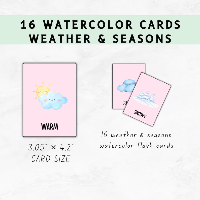 Watercolor Weather Flashcards, Seasons Cards Kindergarten, 16 ...