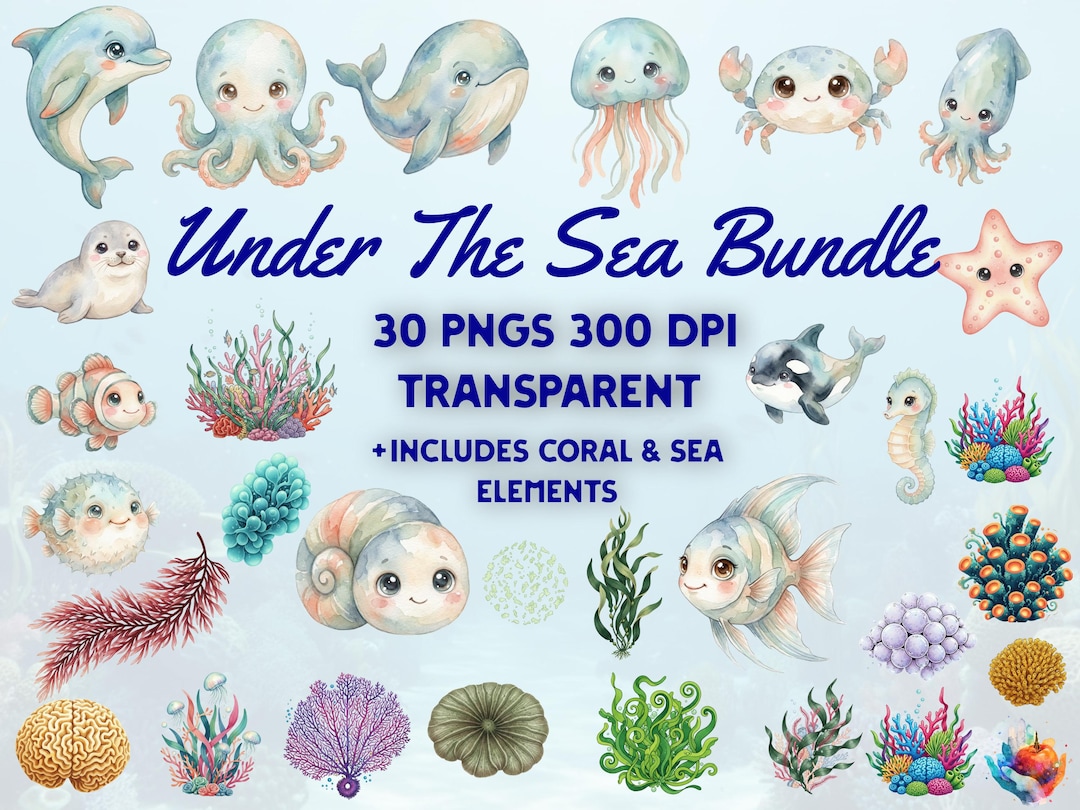 Watercolor Ocean Animals Clipart Bundle, Under Sea Creatures PNG, Coral ...