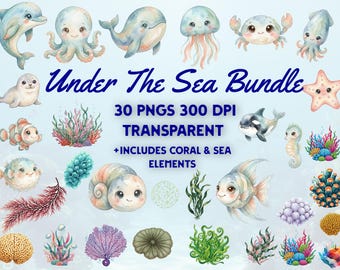Watercolor Ocean Animals Clipart Bundle, Under Sea Creatures PNG, Coral ...