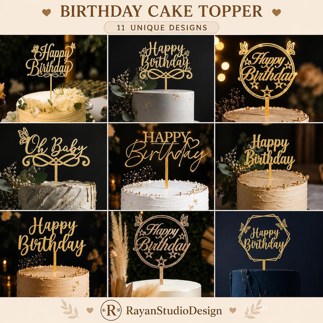 Birthday Cake Topper Bundle | 11 Happy Birthday Designs (digital ...