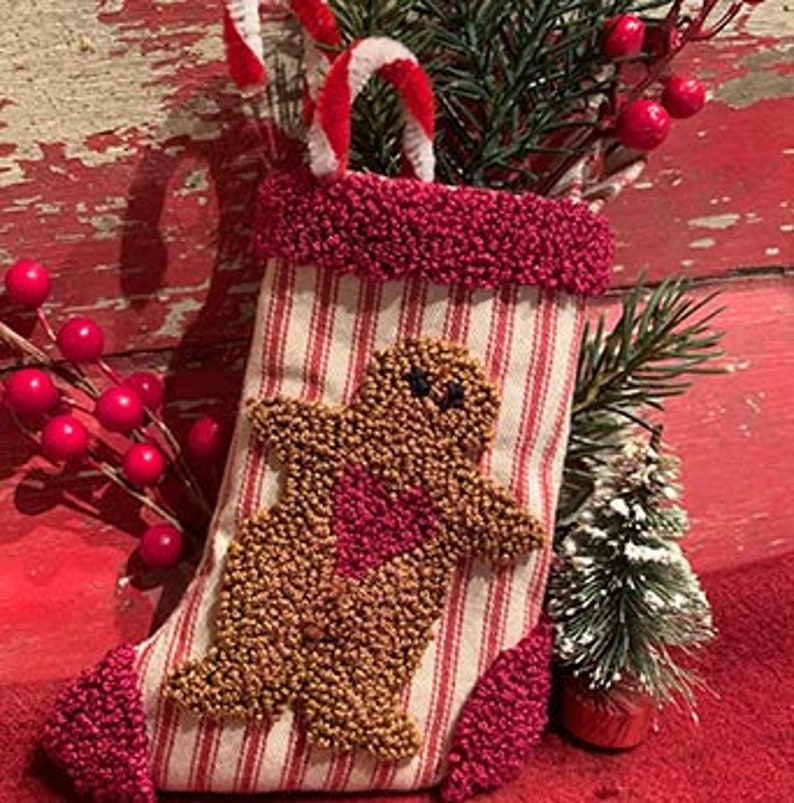 Primitive Punchneedle Embroidery Pattern Gingerboy Sox on Ticking - Etsy