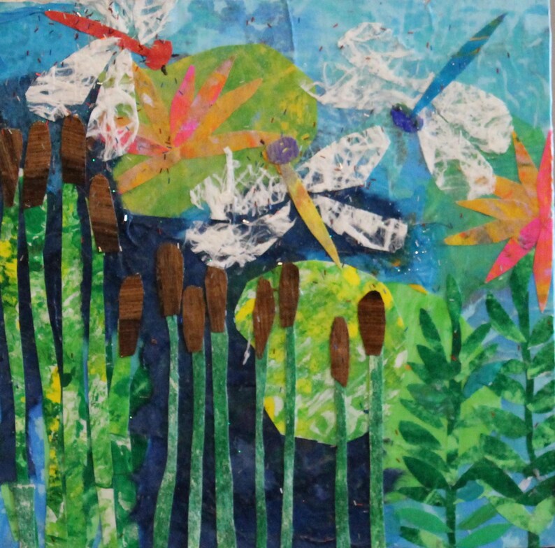 Mixed Media Collage - "pond Life With a Dragonfly" - Etsy